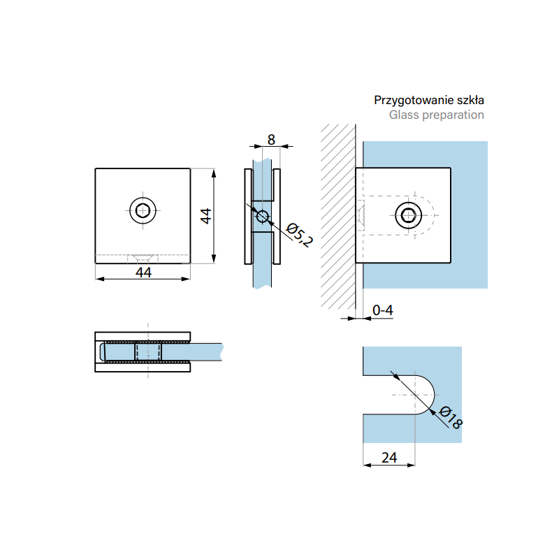 JHSC701 90° point mount (wall - glass)